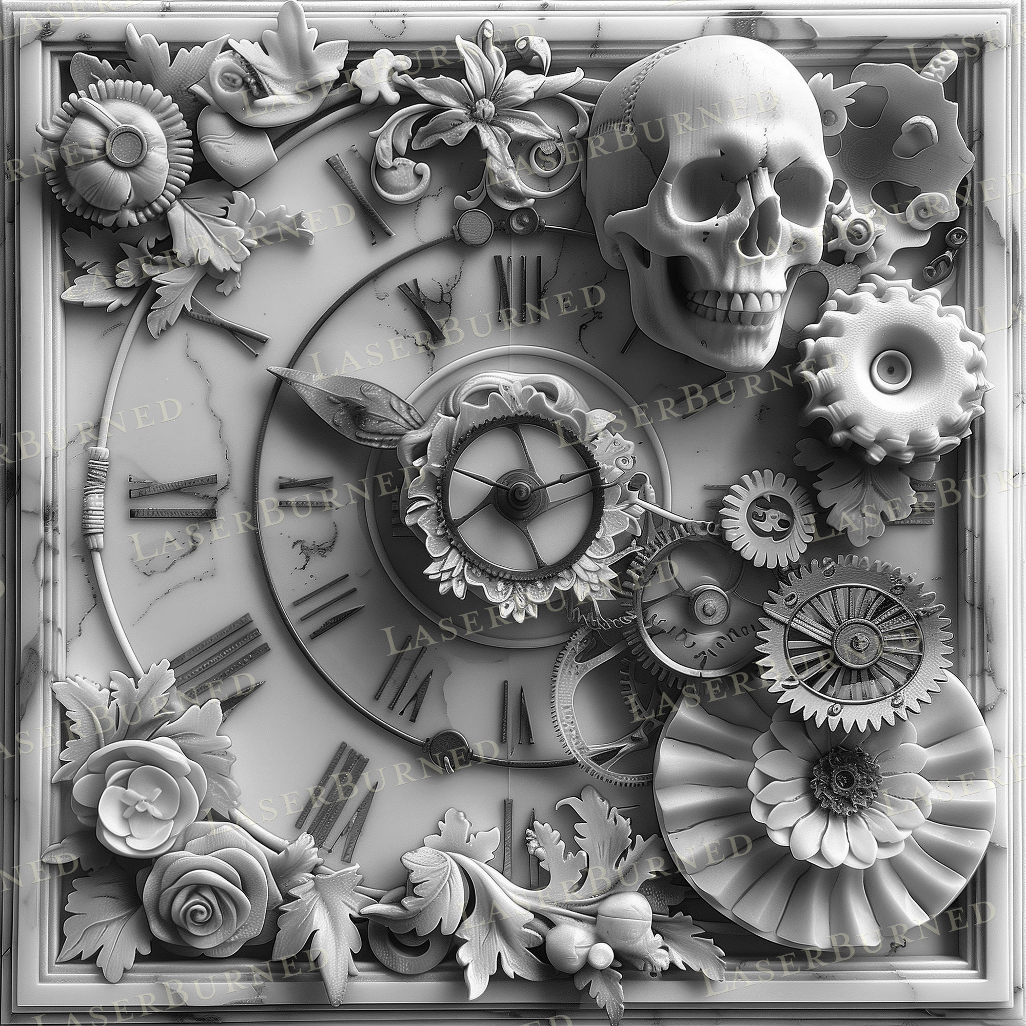 Laser Engrave PNG of a Steampunk Clock With Skull | 3D Illusion Burn ...