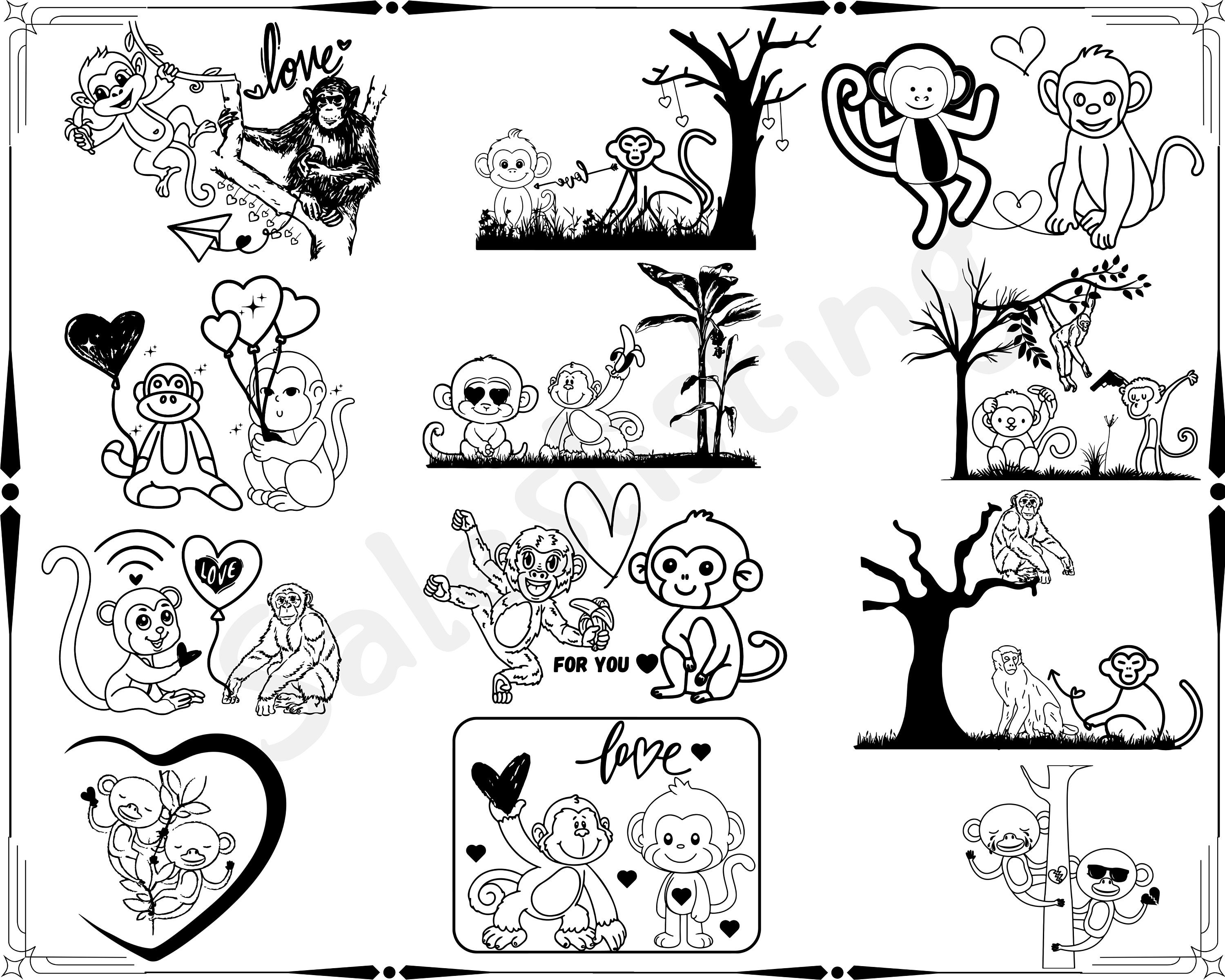 Monkey Lovers Svg, Monkey Line Art Svg, Love Monkeys SVG, Jungle Animal ...