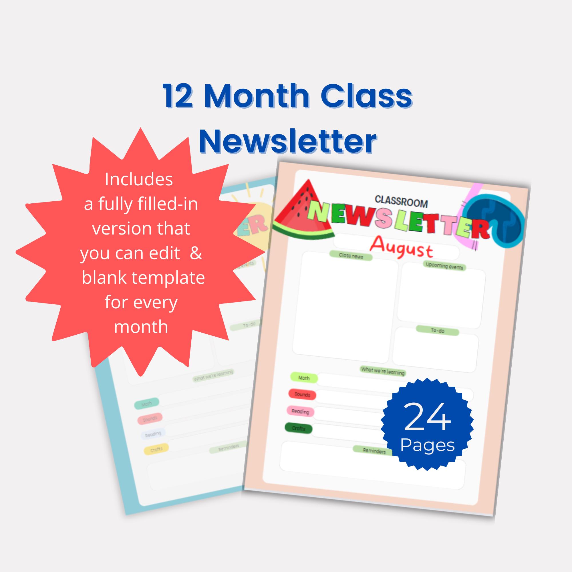 12 Month Newsletter Template, Classroom Newsletter, Monthly Template ...