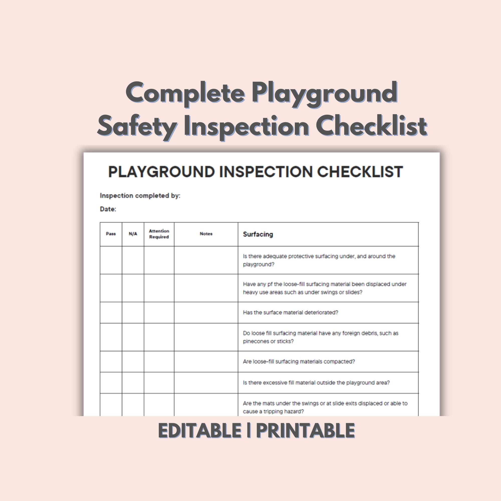 Safety Inspection Checklist, Playground Safety Checklist, Daycare ...