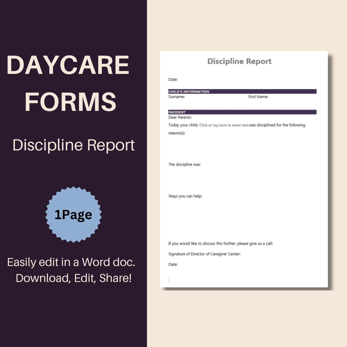 Daycare Discipline Report Template: Fillable Child Disciplinary Form ...
