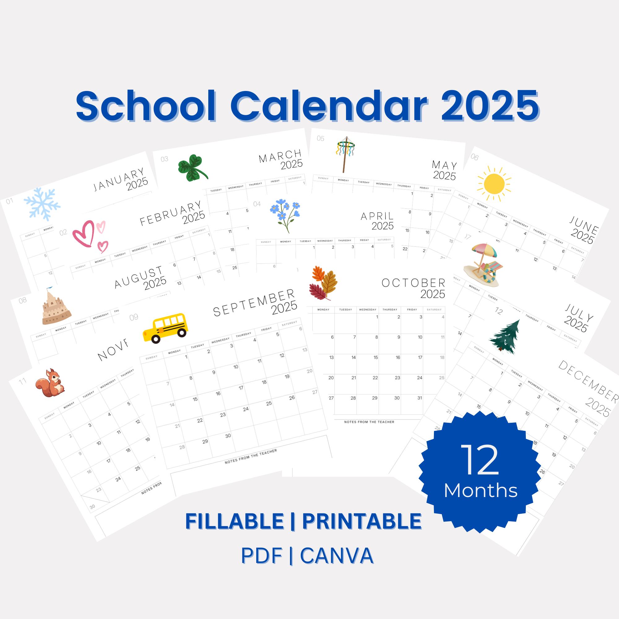 2025 Calendar, School Calendar, 2025 Monthly Calendar, Classroom ...