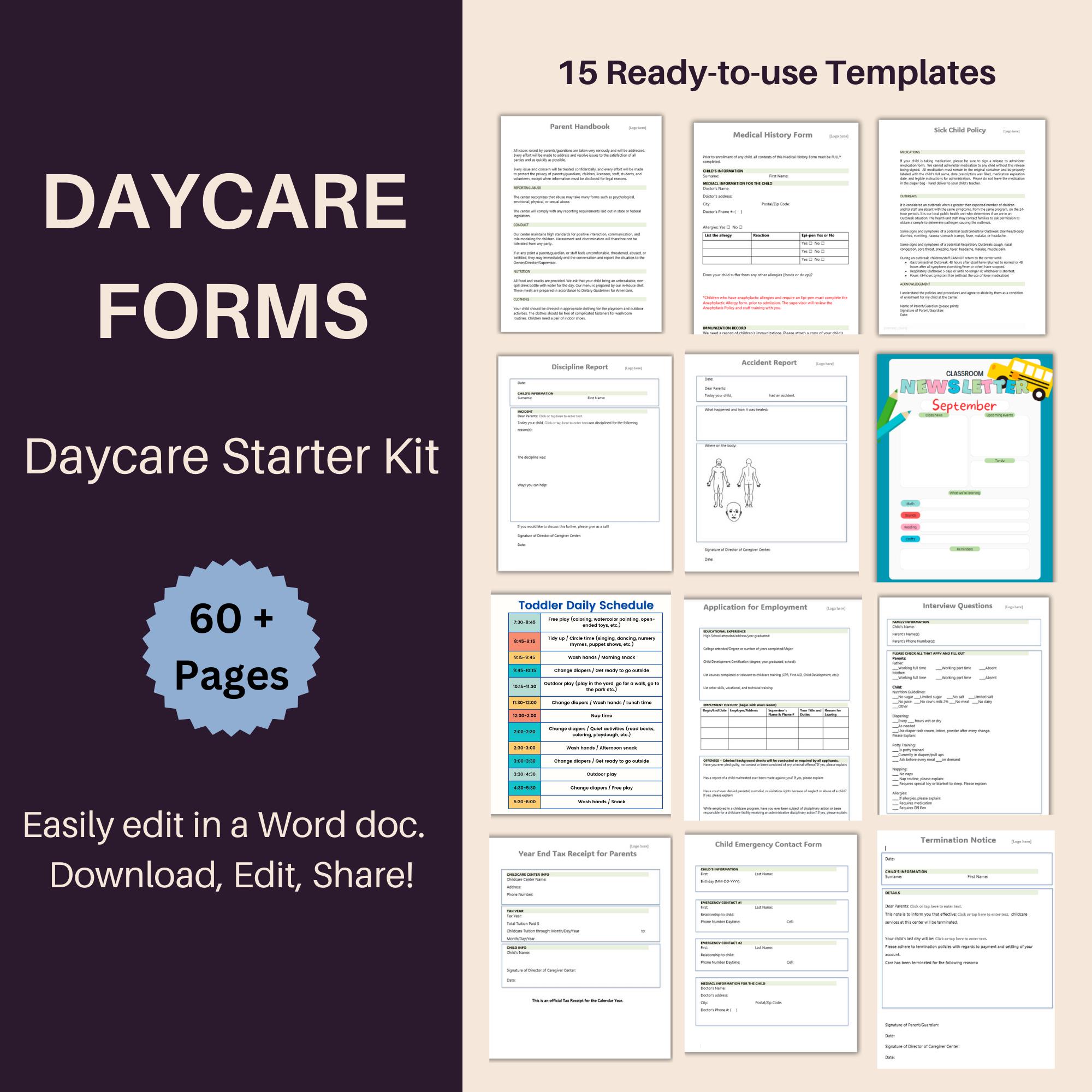 Daycare Starter Kit: 60+ Daycare Forms & Templates (digital Download ...