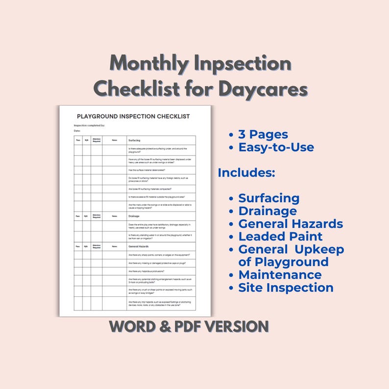 Safety Inspection Checklist, Playground Safety Checklist, Daycare ...