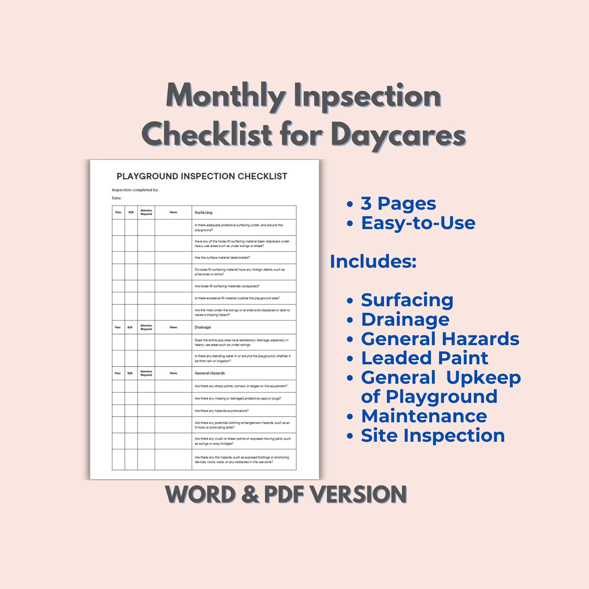 Daycare Playground Safety Inspection Checklist (word & PDF) - Etsy