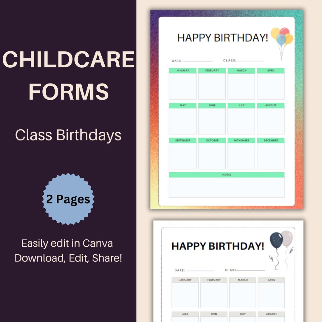 Classroom Birthday Calendar: Fillable Printable Tracker (canva Template ...