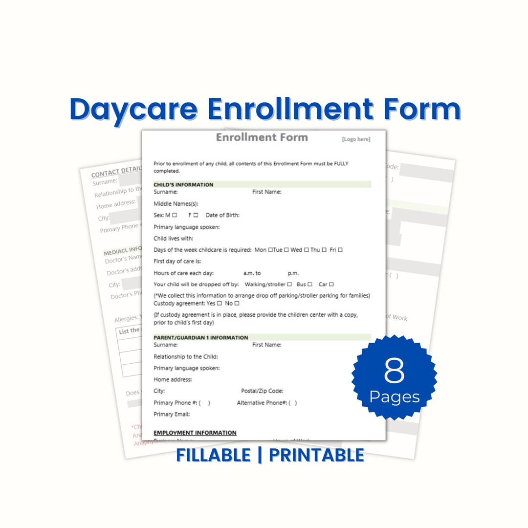 Daycare Enrollment Form, Daycare Application, Daycare Emergency Contact ...