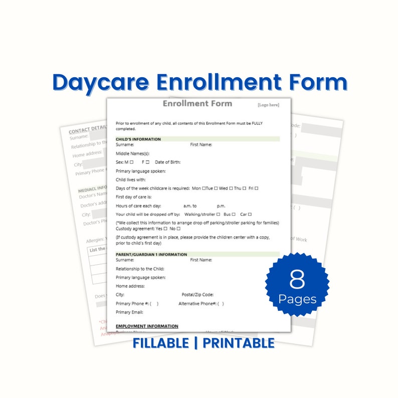 Daycare Enrollment Form, Daycare Application, Daycare Emergency Contact ...