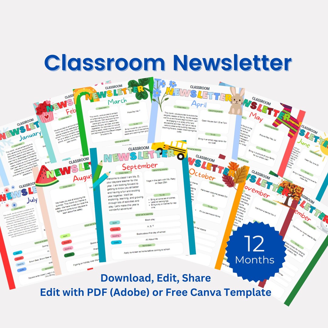 12 Month Newsletter Template, Classroom Newsletter, Monthly Template ...