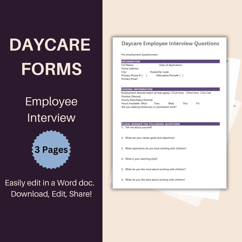 Daycare Staff Interview Questions: Fillable Employee Form (word Doc) - Etsy