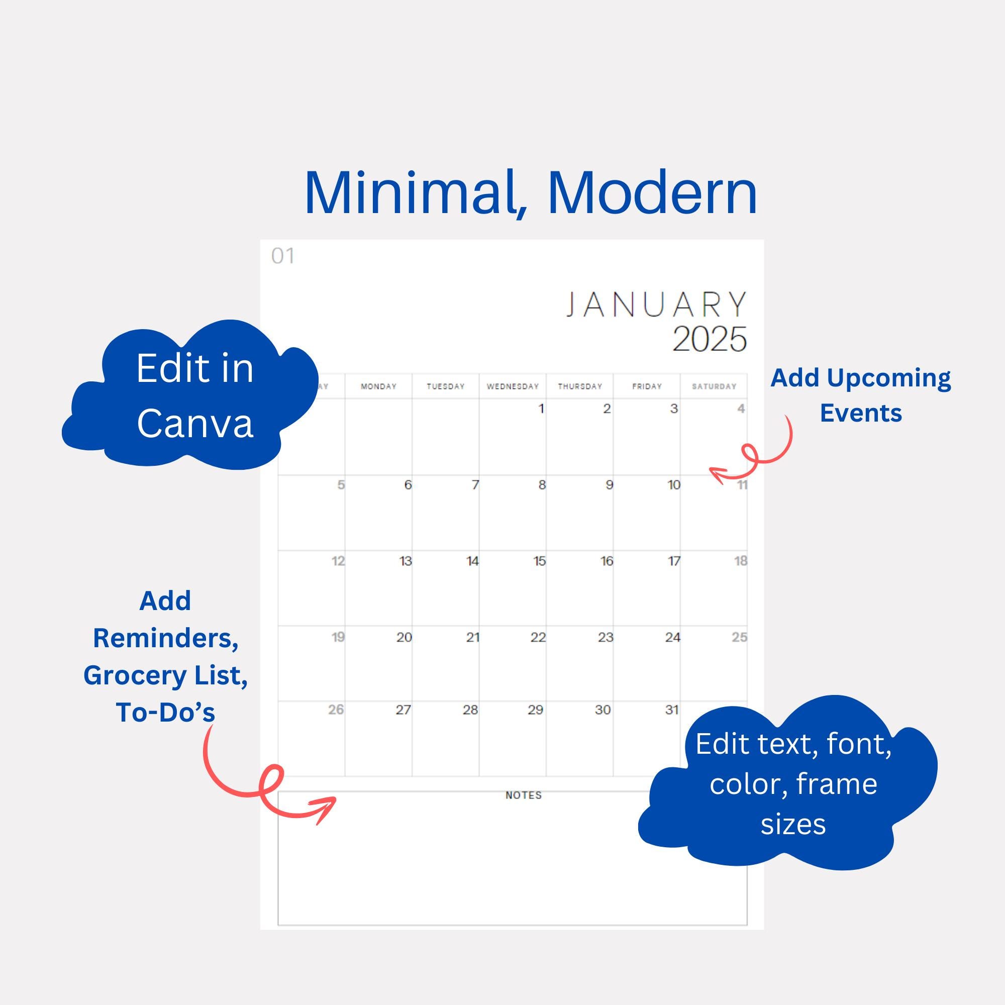 2025 Calendar, Simple Calendar, 2025 Monthly Calendar, Modern Calendar ...
