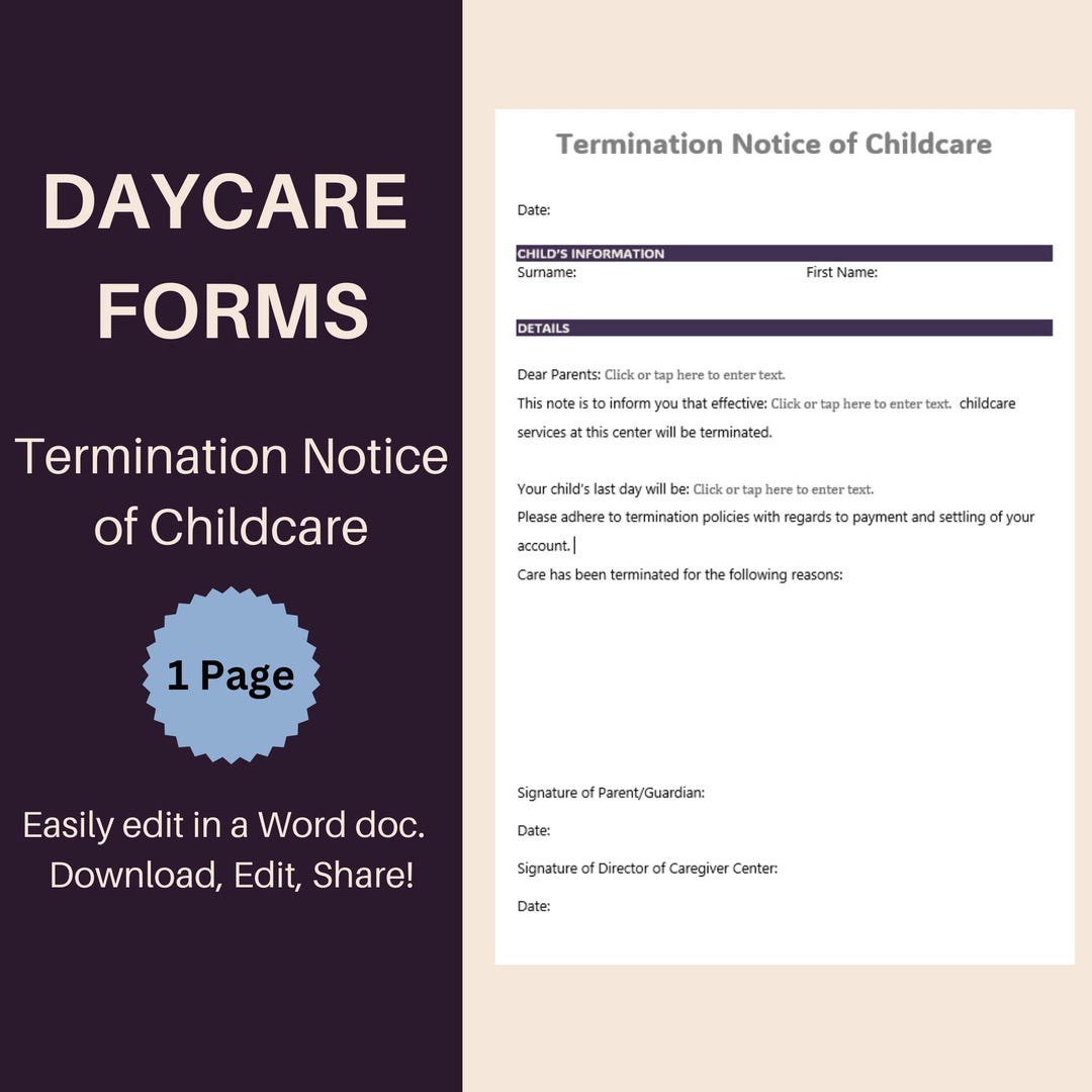Termination Notice, Childcare Termination, Refusal of Care, Child ...