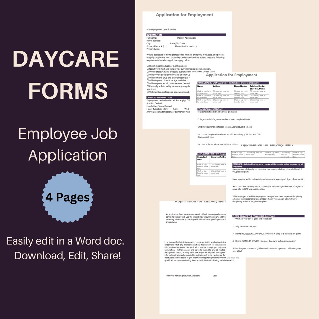 Daycare Employee Application | Job Application | Childcare Job ...