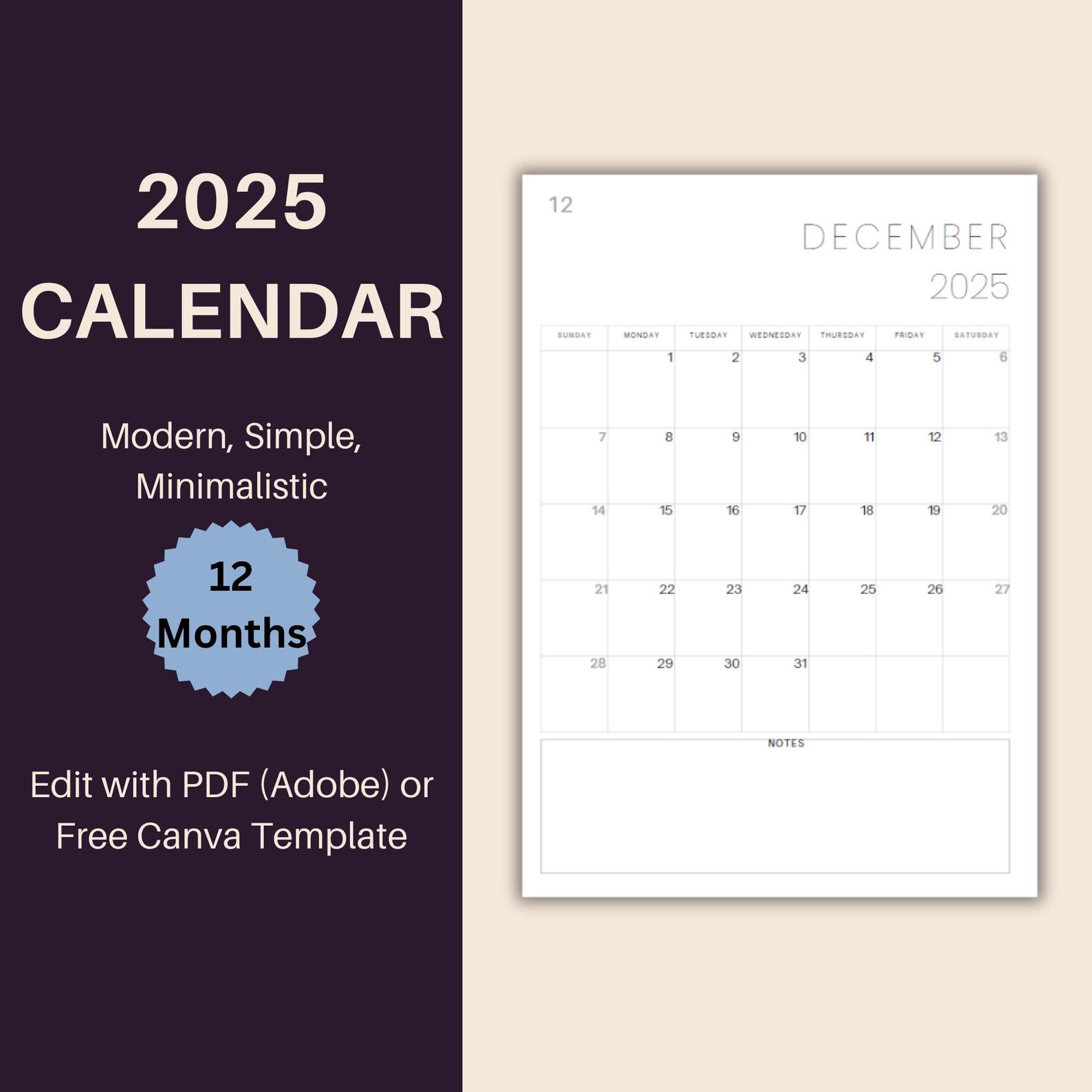 2025 Calendar, Minimalistic, 2025 Monthly Calendar, Modern Calendar ...