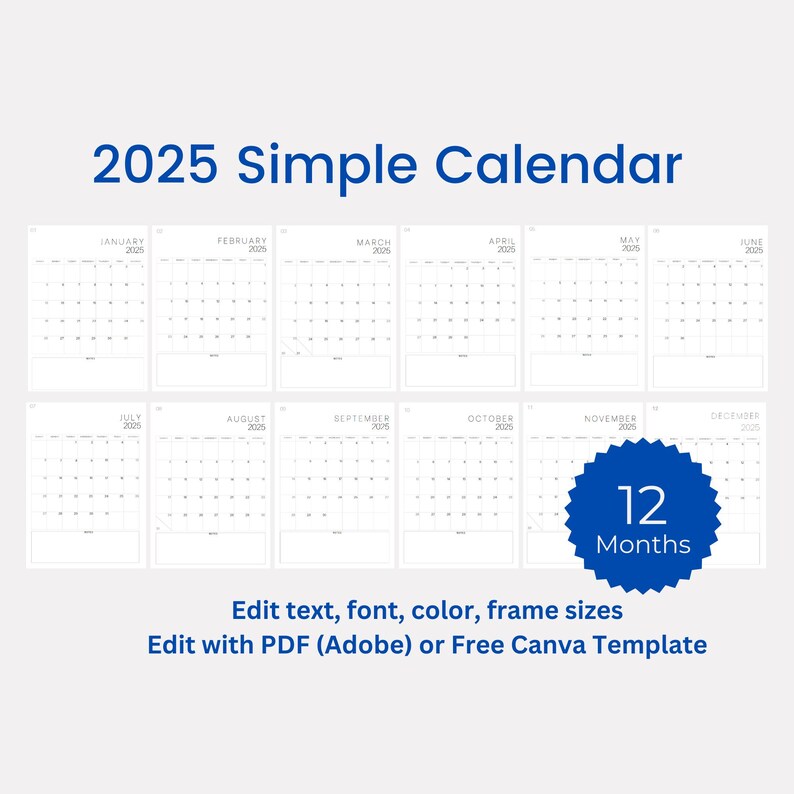 2025 Calendar, Simple Calendar, 2025 Monthly Calendar, Modern Calendar ...