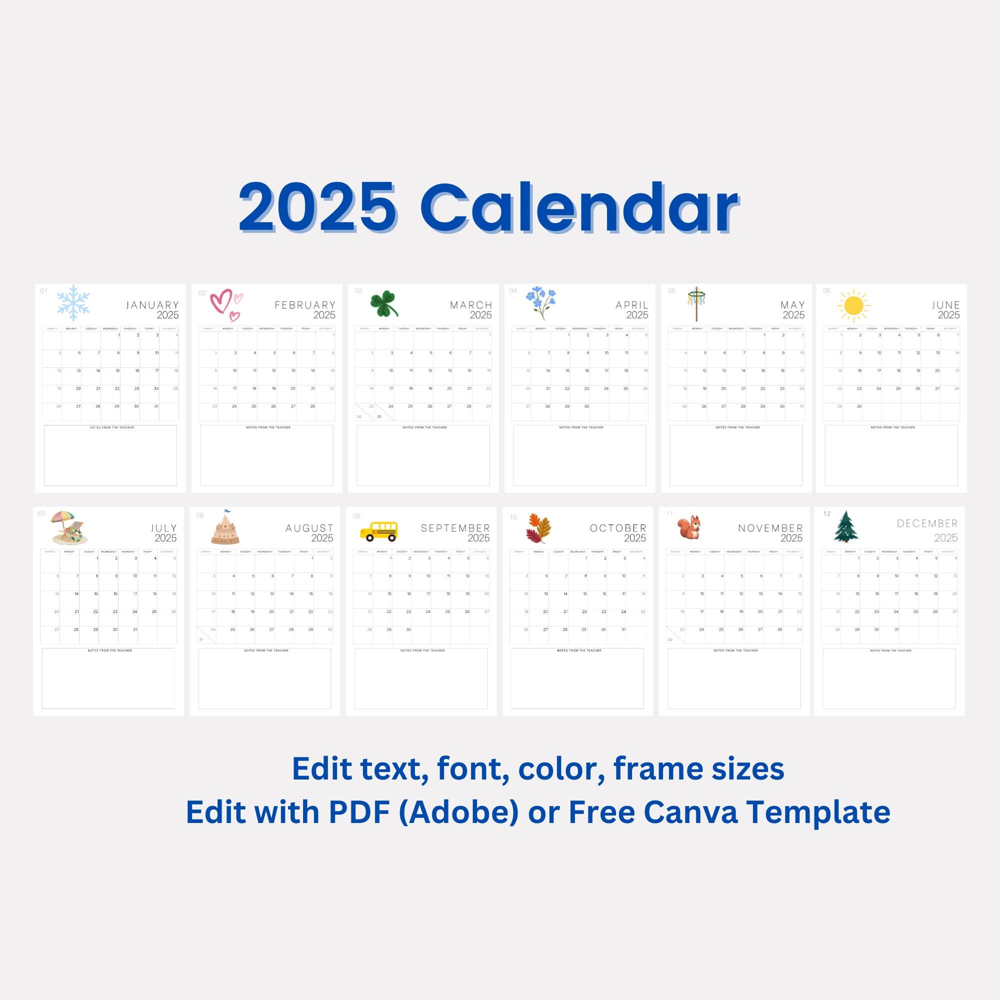 2025 Calendar, School Calendar, 2025 Monthly Calendar, Classroom ...