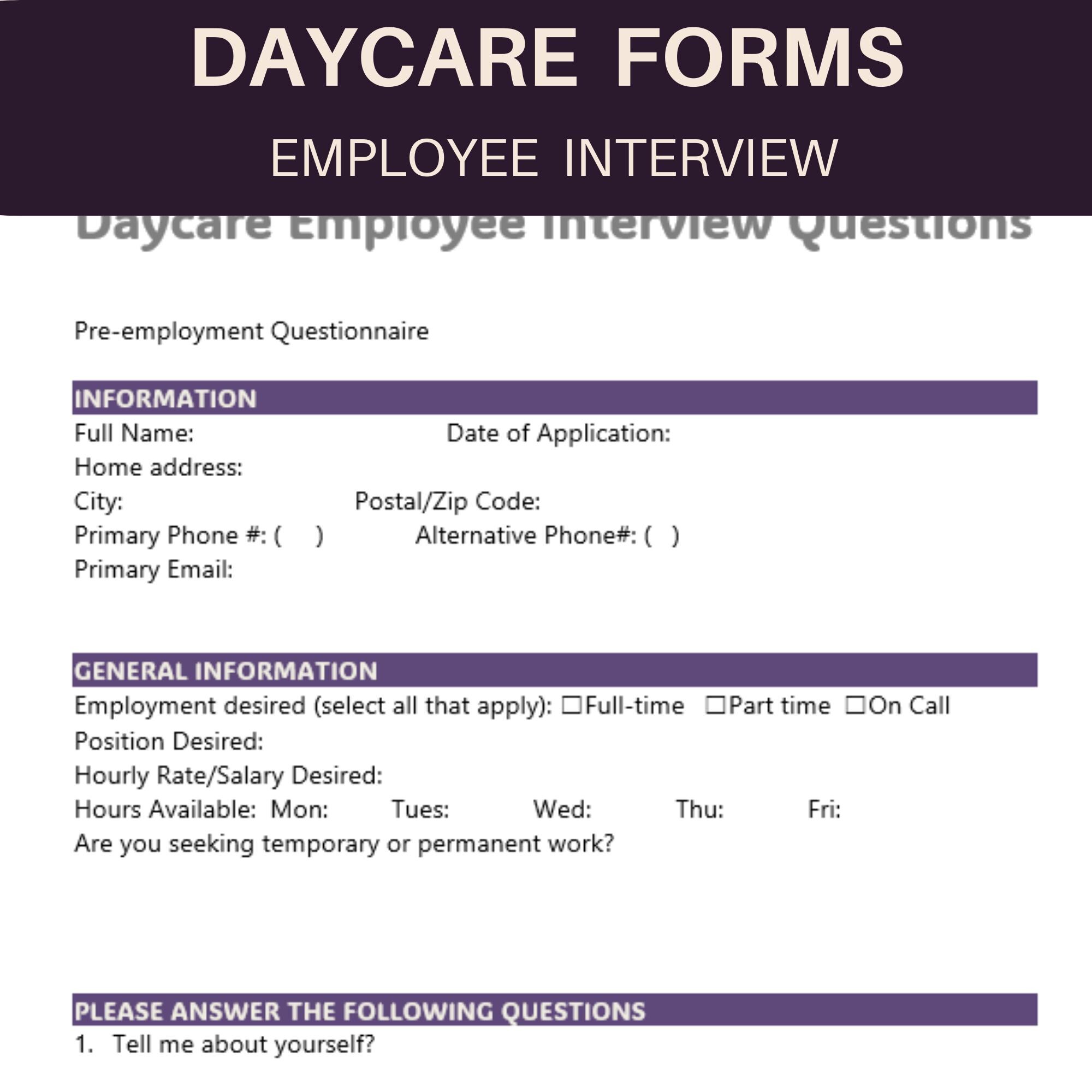 Daycare Employee Interview, Interview Questions, Staff Interview Form ...