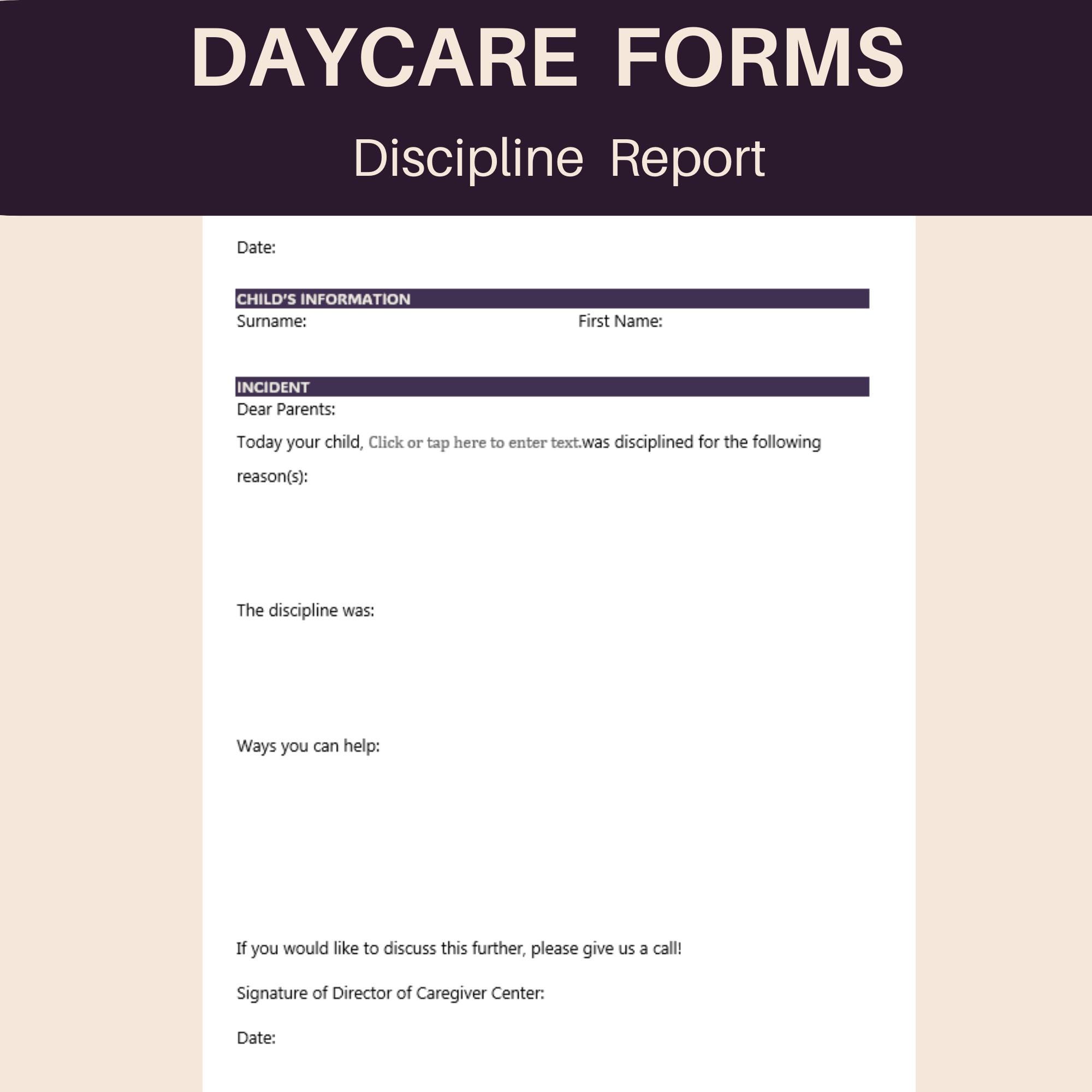 Daycare Discipline Report Template: Fillable Child Disciplinary Form ...