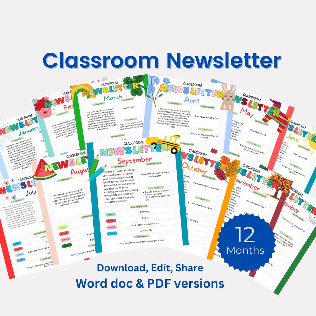 12 Month Newsletter Template as Word Doc & PDF, Filled-in Version and ...