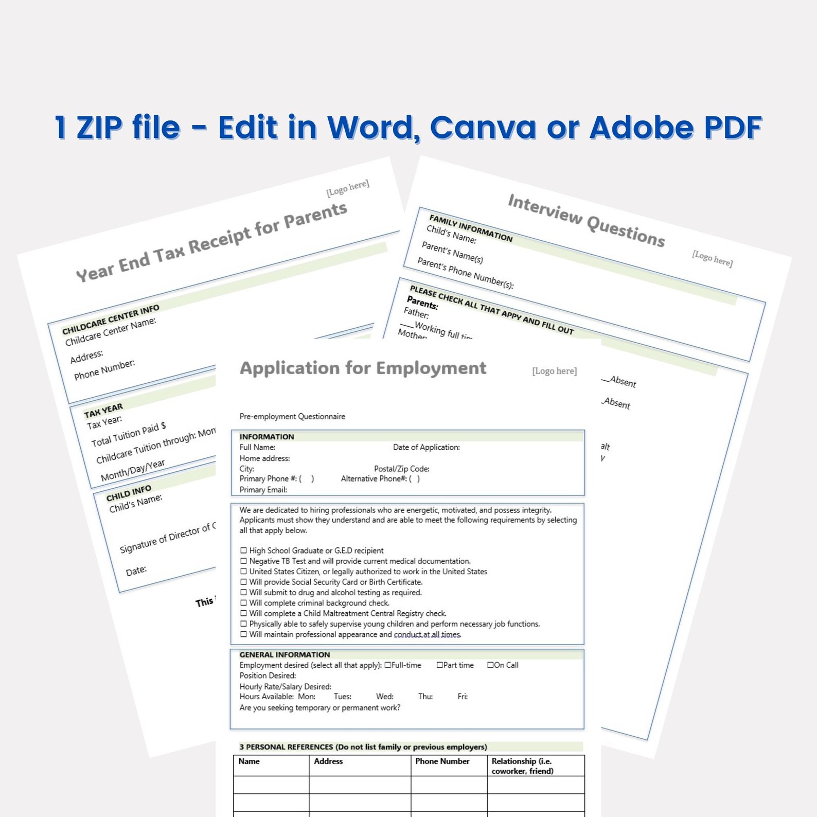 Daycare Forms Starter Kit: 60+ Editable Templates (PDF, Canva) - Etsy