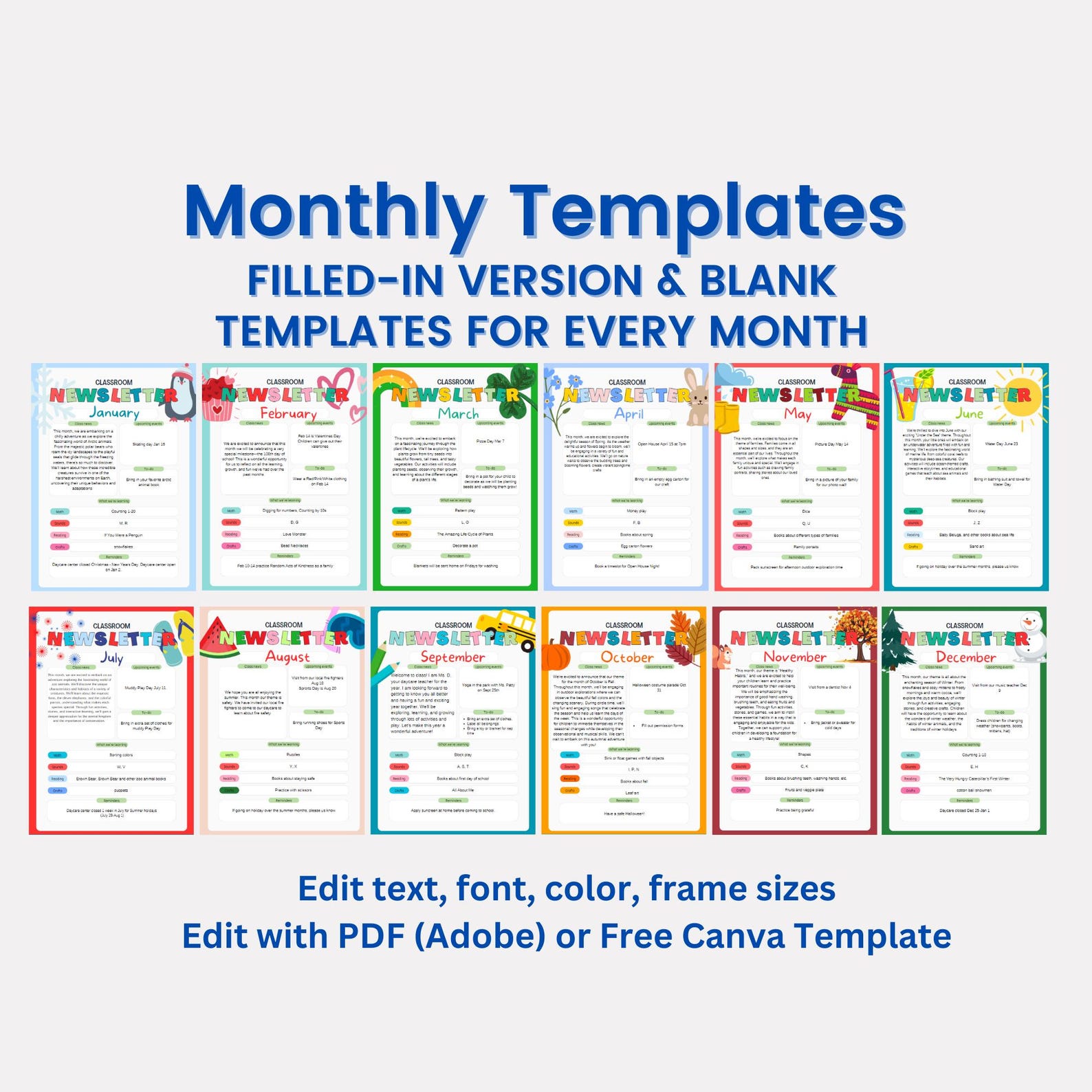 12 Month Newsletter Template, Classroom Newsletter, Monthly Template ...
