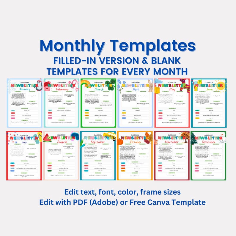 12 Month Newsletter Template, Classroom Newsletter, Monthly Template ...