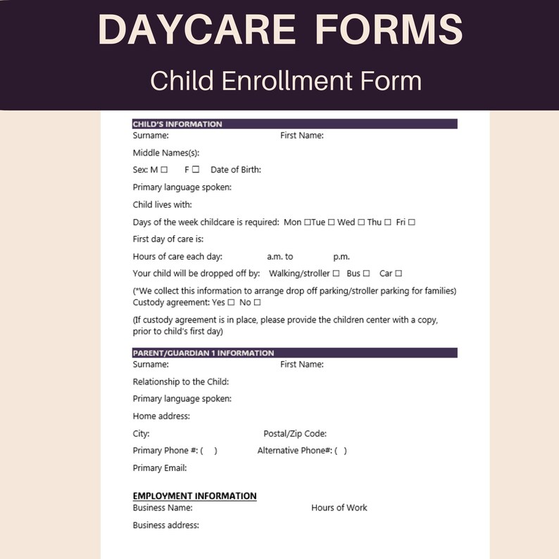 Daycare Enrollment Pack: Childcare Application Forms (digital Download ...