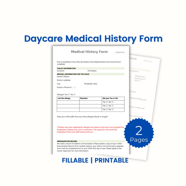 Daycare Medical History Form: Fillable Childcare Template (digital ...