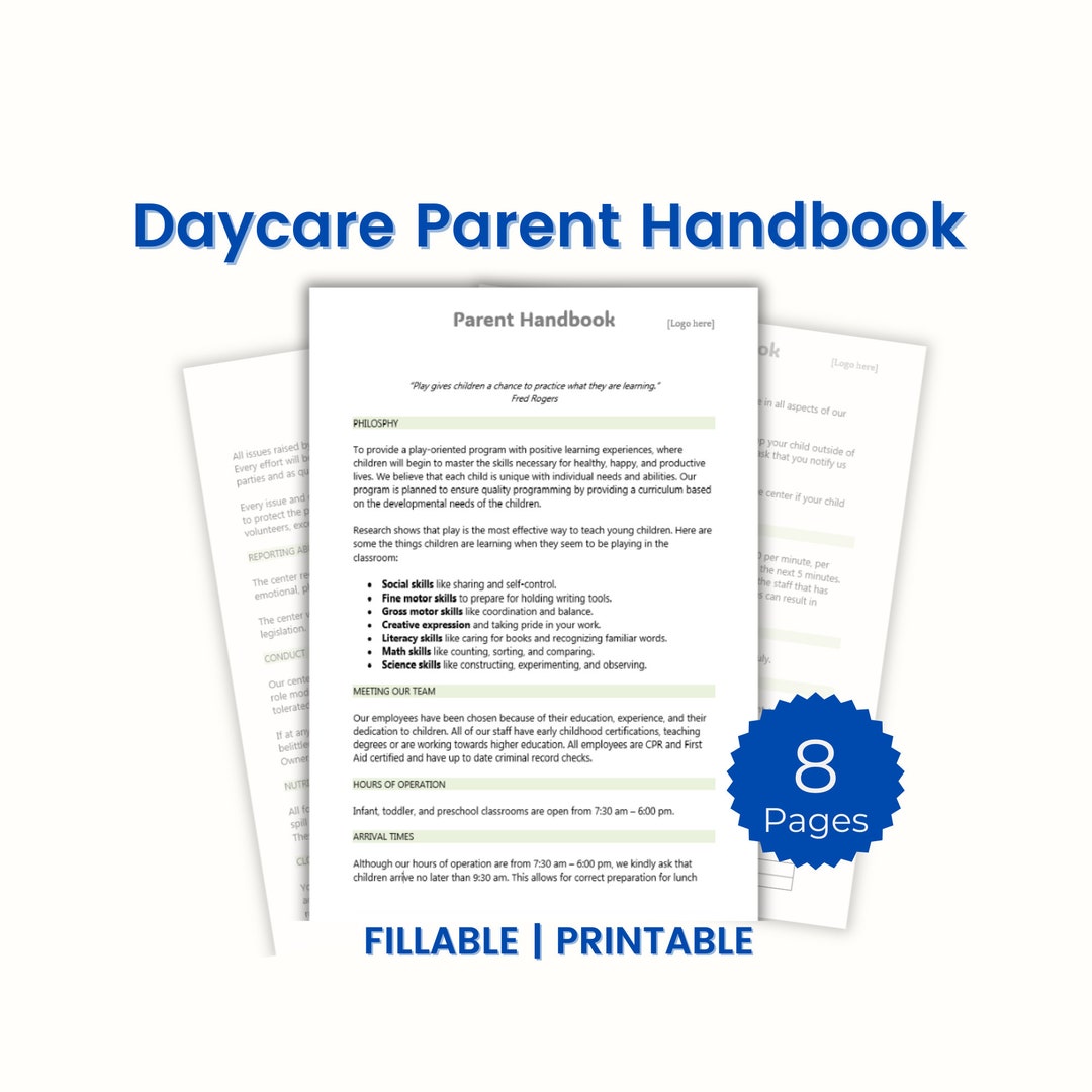 Daycare Parent Handbook, Daycare Parent Contract, Daycare Policies and ...