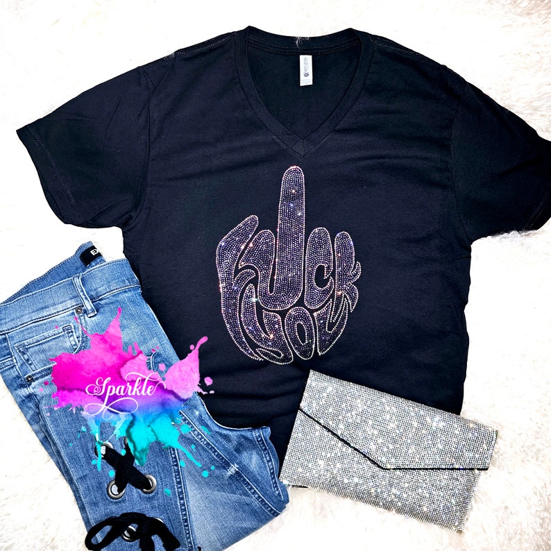 Middle Finger Funny Bling Bling Iron on Hotfix Transfer Bling Bling ...