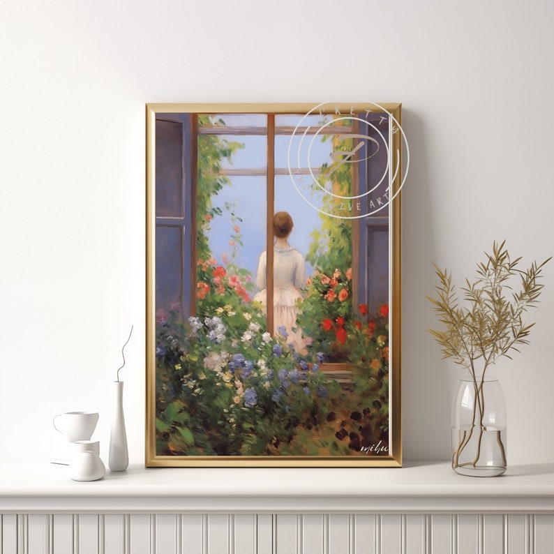 Monet Inspired Camille Monet at the Window, Surrounded by Flowers, Open ...