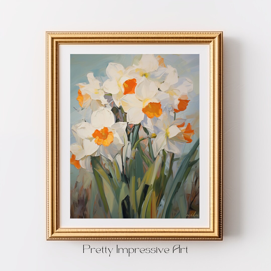 Daffodils Painting, Flowers Field Art, Bunch Daffodils, Floral Bouquet ...