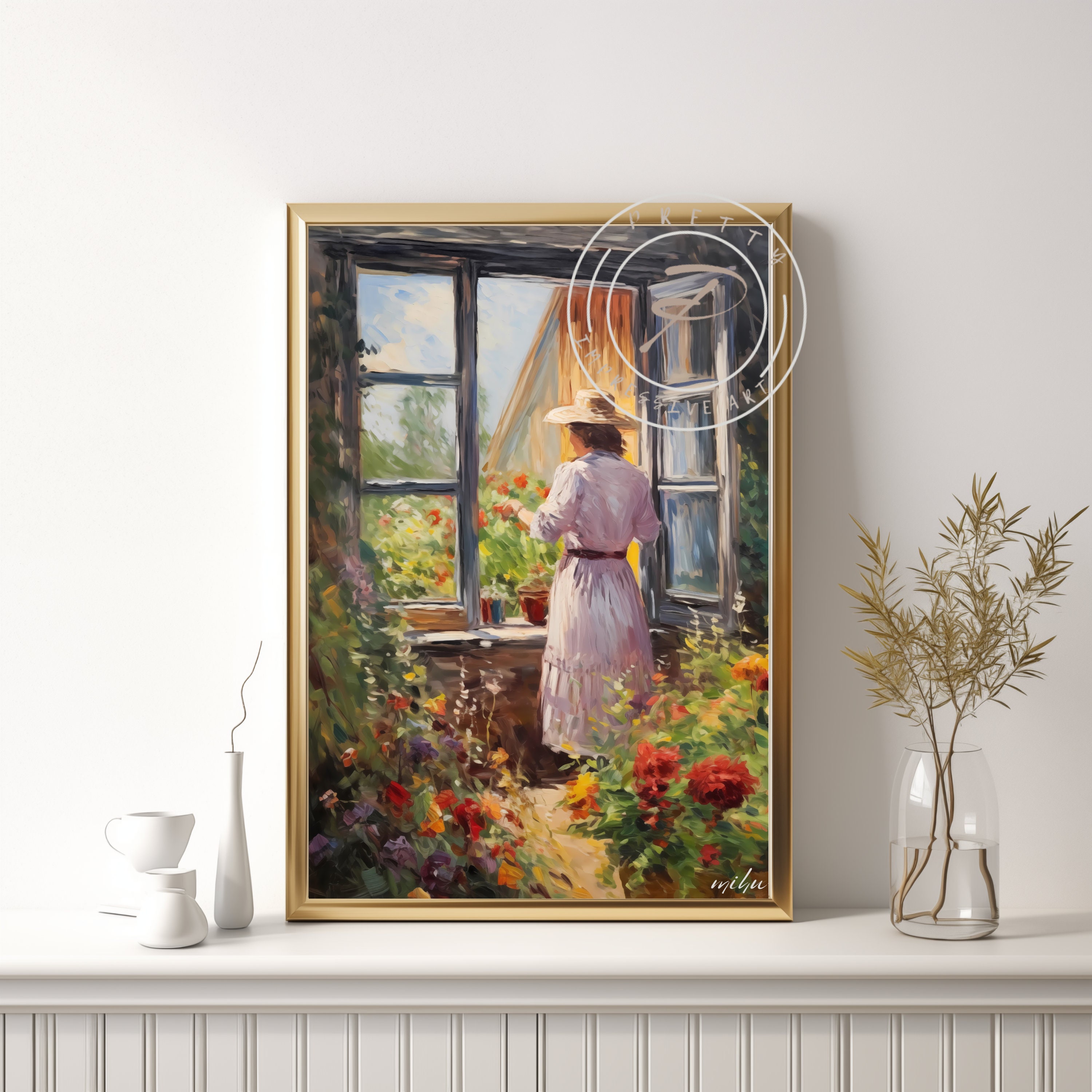 Monet Inspired Camille Monet at the Window, Surrounded by Flowers ...