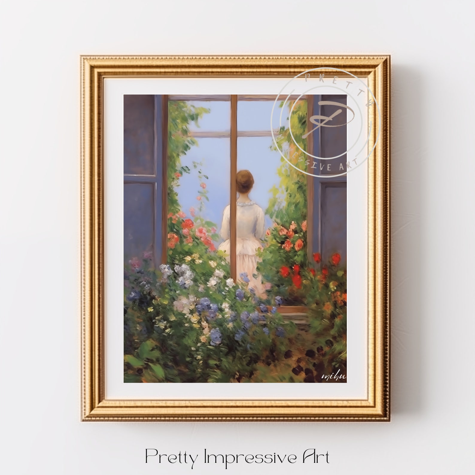 Monet Inspired Camille Monet at the Window, Surrounded by Flowers, Open ...