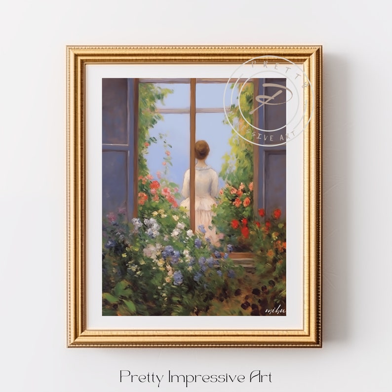 Monet Inspired Camille Monet at the Window, Surrounded by Flowers, Open ...