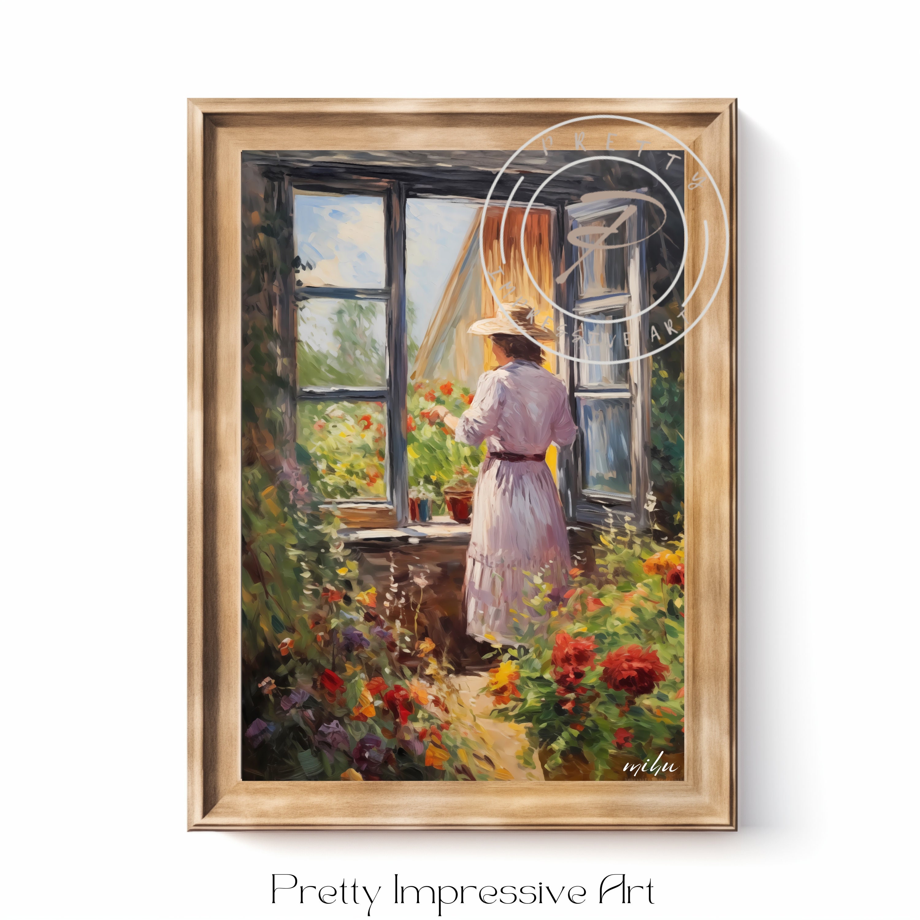Monet Inspired Camille Monet at the Window, Surrounded by Flowers ...