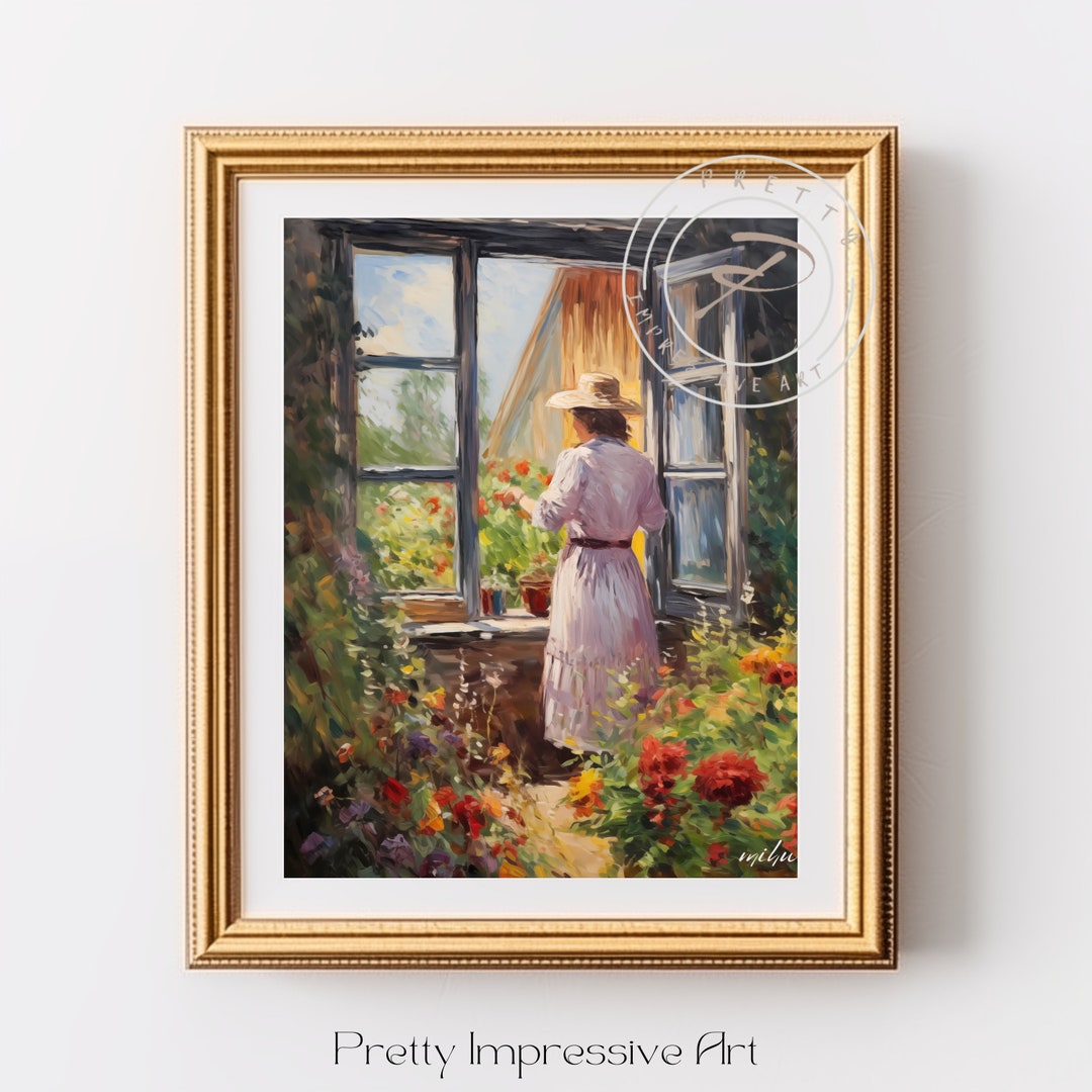 Monet Inspired - Camille Monet at the Window, Surrounded by Flowers ...