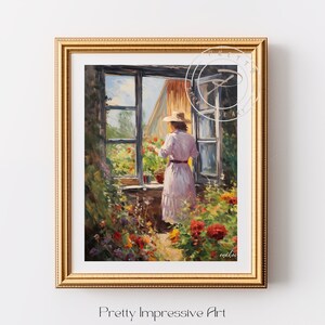 Monet Inspired - Camille Monet at the Window, Surrounded by Flowers ...