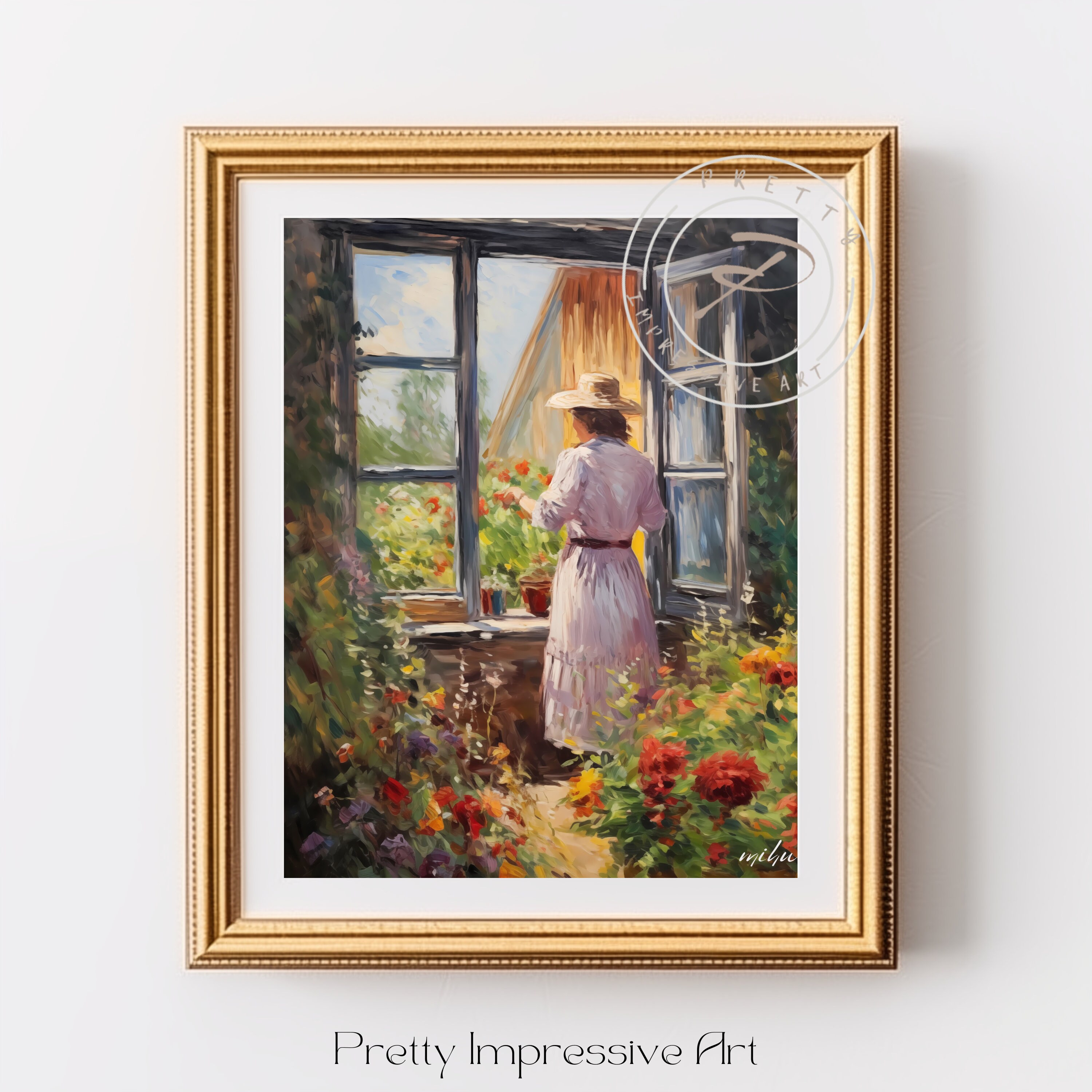 Monet Inspired Camille Monet at the Window, Surrounded by Flowers ...
