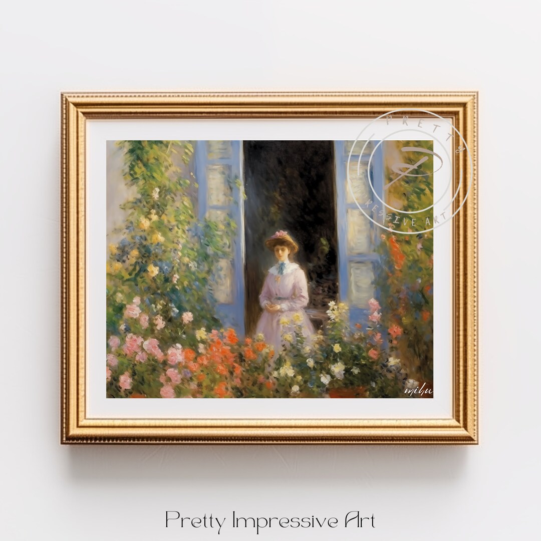 Monet Inspired - Camille Monet at the Window, Surrounded by Flowers ...