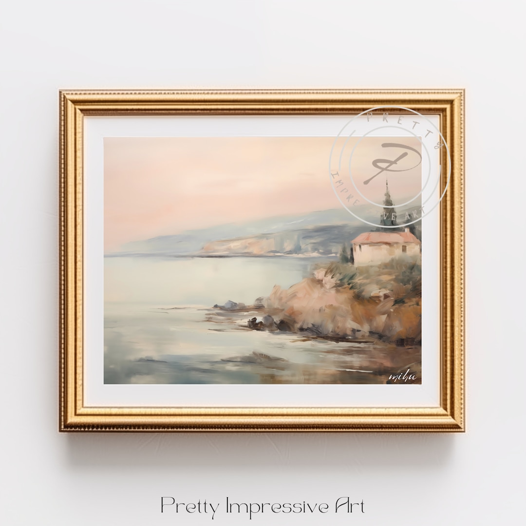 Vintage Warm Tone Coastal Painting, Vintage Neutral Landscape Painting ...