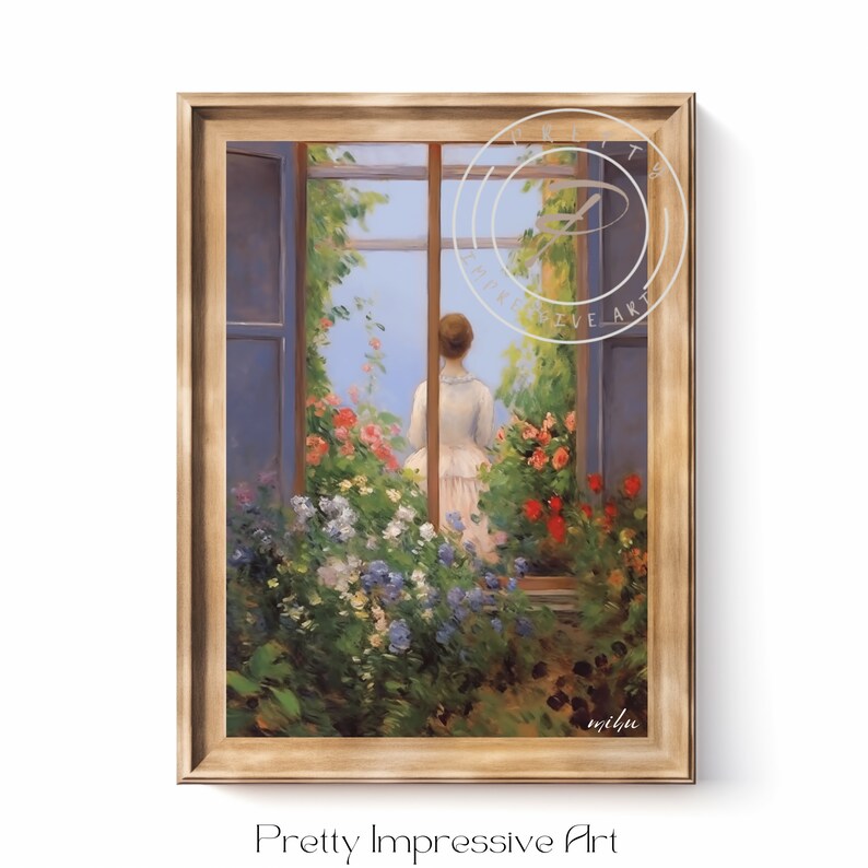 Monet Inspired Camille Monet at the Window, Surrounded by Flowers, Open ...