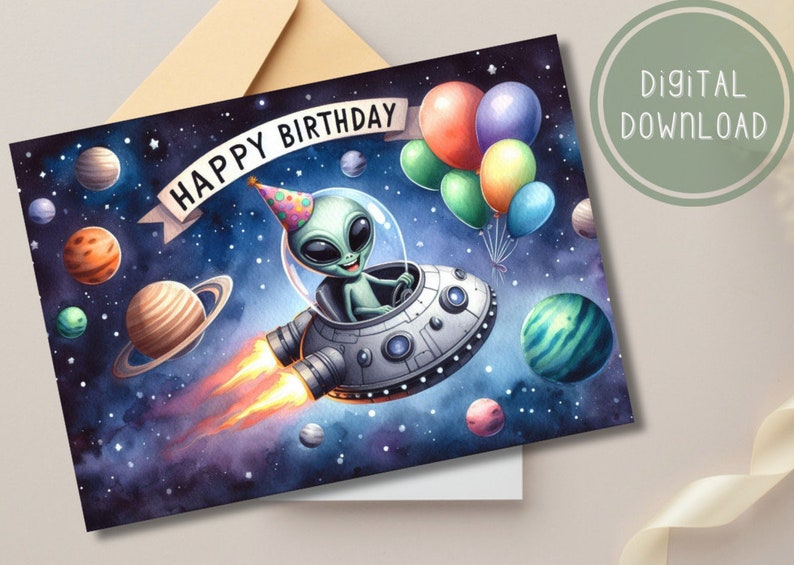 Alien Birthday Card Printable Funny Digital Download Greeting Gift for ...