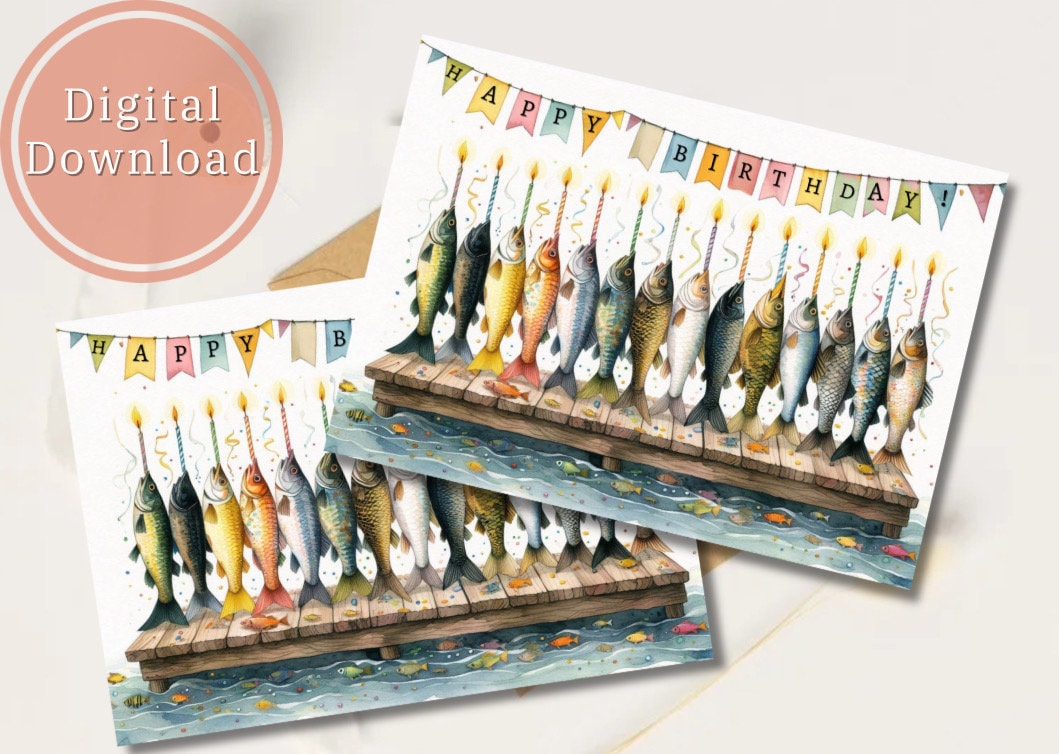 Fishing Birthday Card Printable Fish Digital Download Greeting Gift for ...