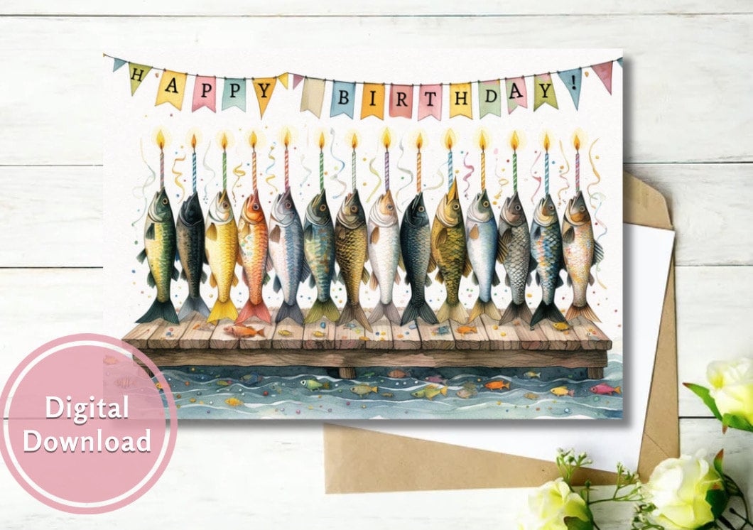 Fishing Birthday Card Printable Fish Digital Download Greeting Gift for ...