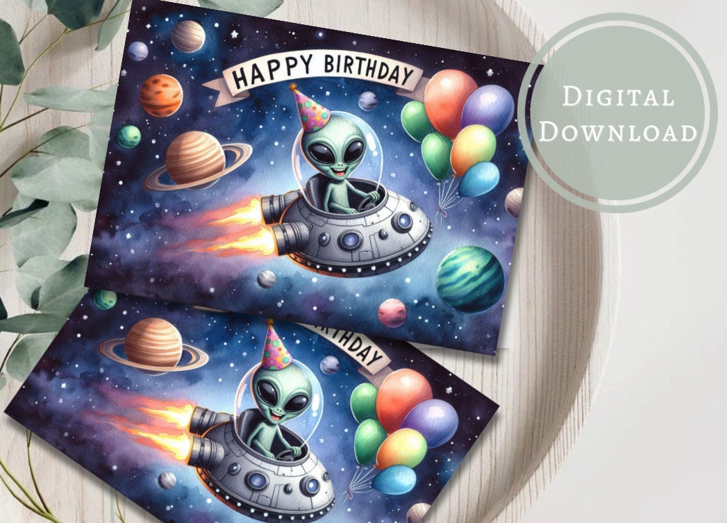 Alien Birthday Card Printable Funny Digital Download Greeting Gift for ...