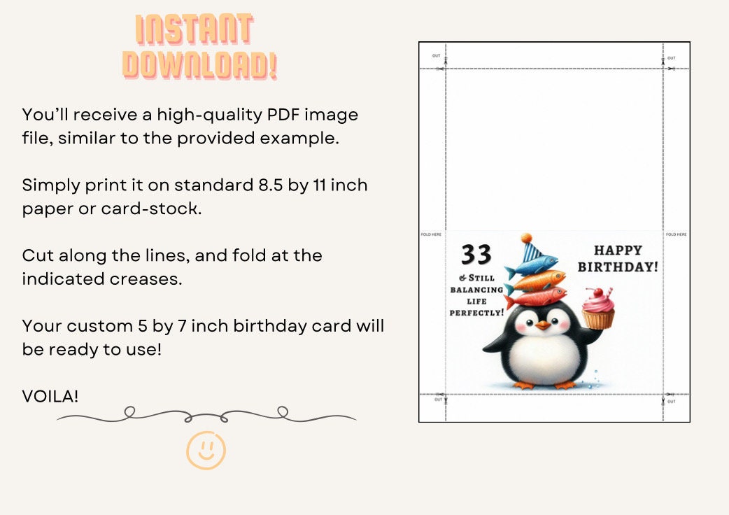 33rd Penguin Birthday Card Printable Digital Download Greeting Cute ...