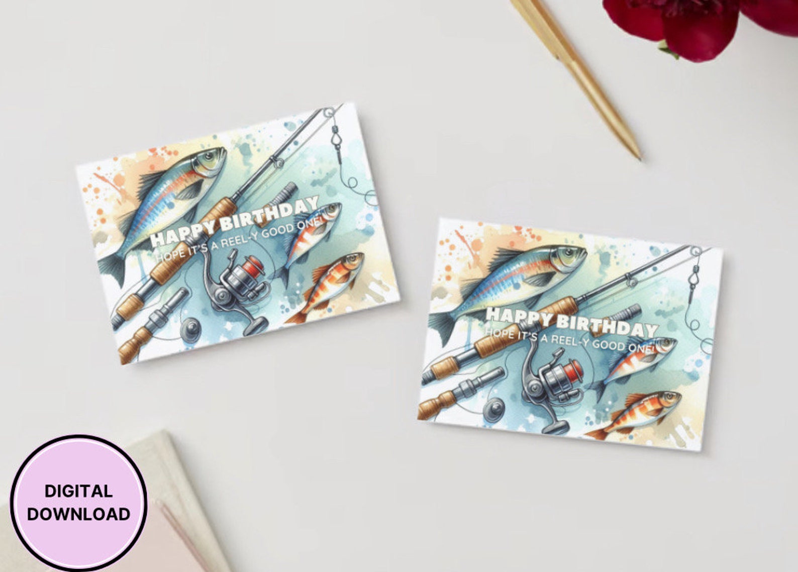 Fish Birthday Card Printable Fishing Digital Download Greeting Gift ...