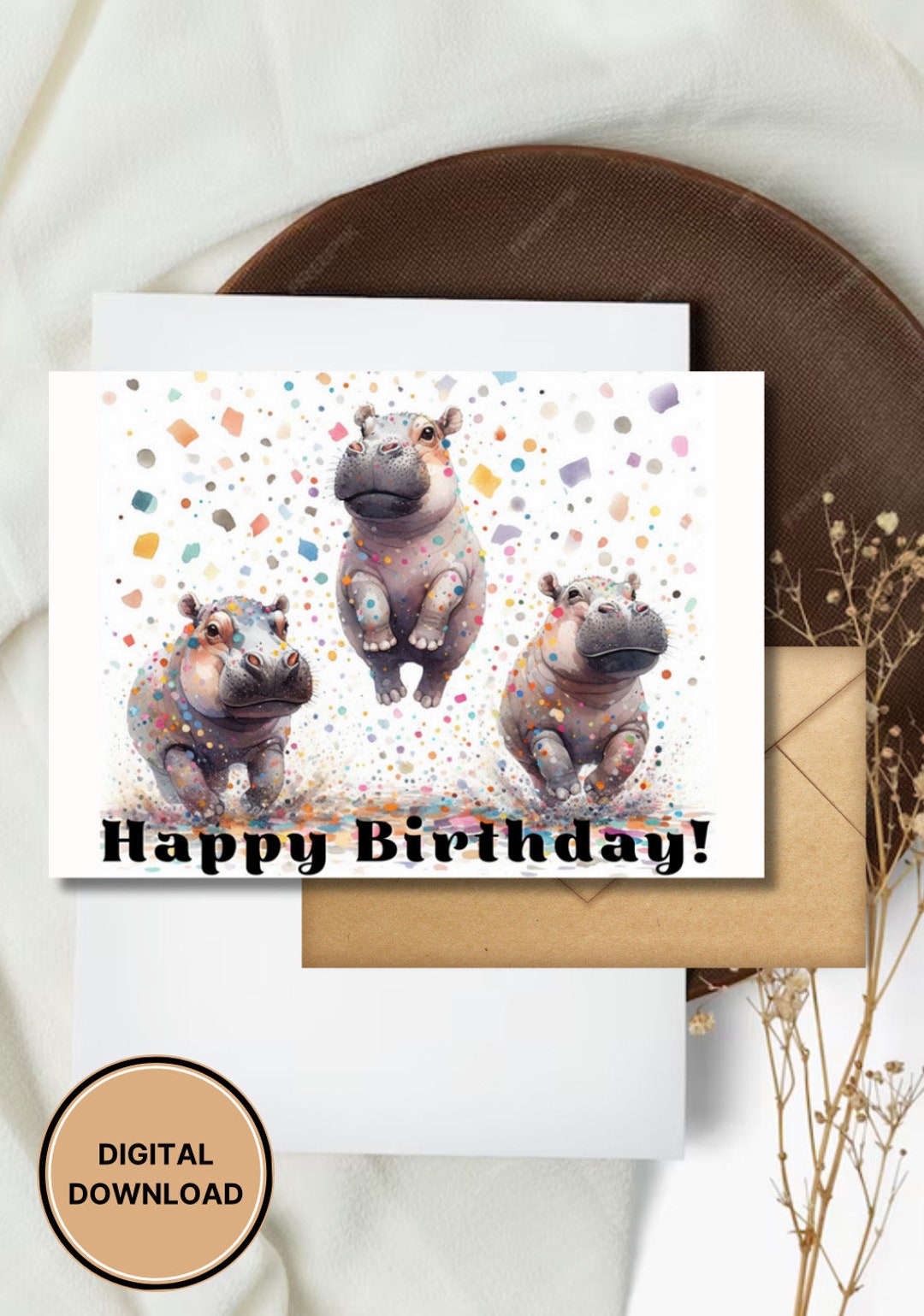 Digital Download Birthday Card Cute Hippo Greeting Card Printed Gift ...