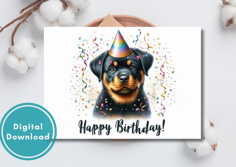 Rottweiler Birthday Card Cute Printable Digital Download Greeting Gift ...